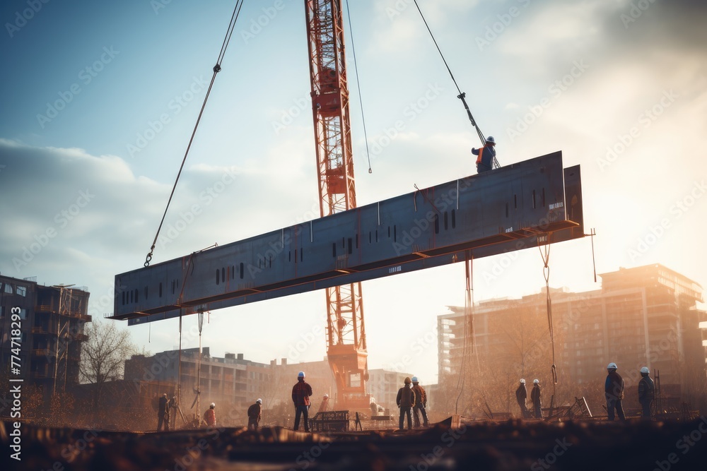 Crane lifting steel beams at a construction site concept, A truck crane ...