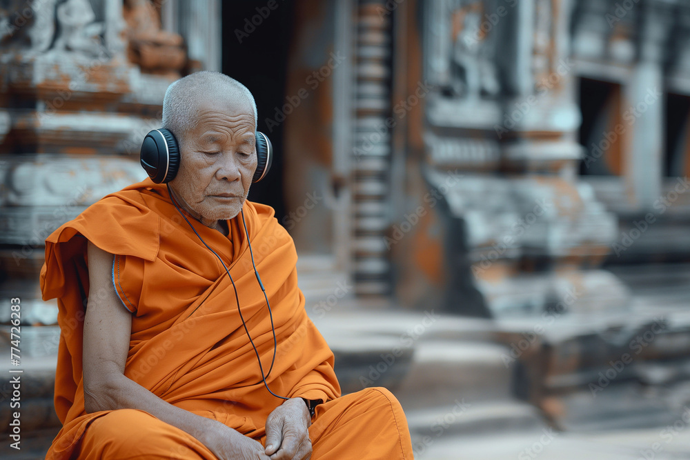 A contemplative Buddhist monk dons oversized headphones, his serene ...