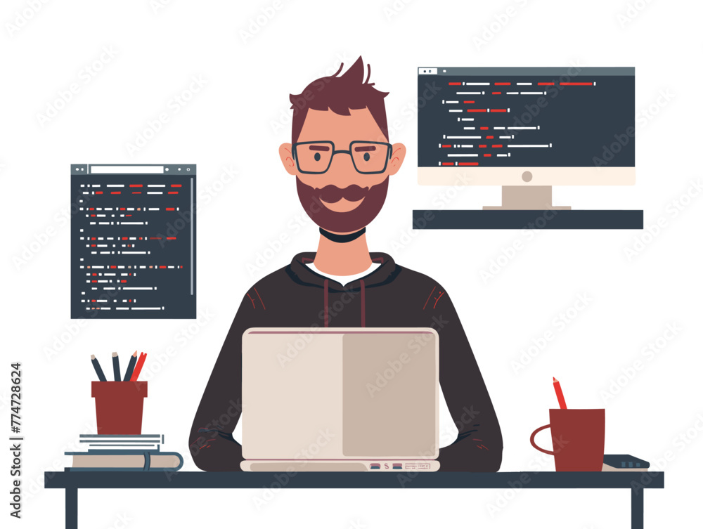 white background, Attending a coding bootcamp, in the style of animated ...