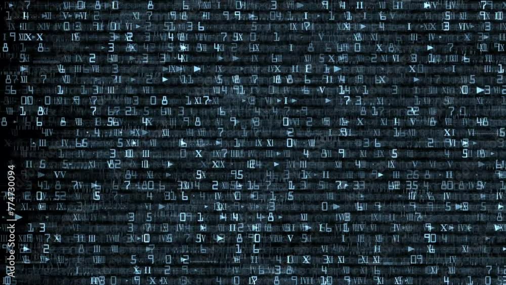 Blue digital background with cascading binary code, Arabic and Roman ...