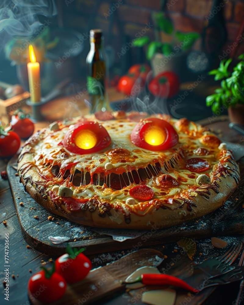 Pizzas with toppings that resemble zombie faces, surrealistic kitchen ...