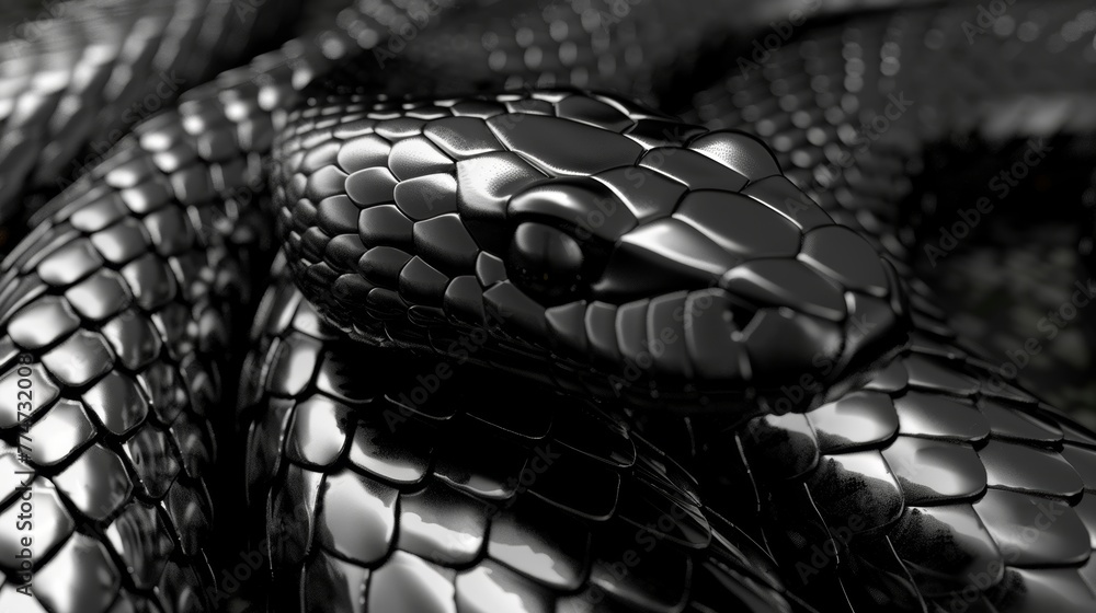 Abstract background with black snake and metallic scales texture in 3D ...
