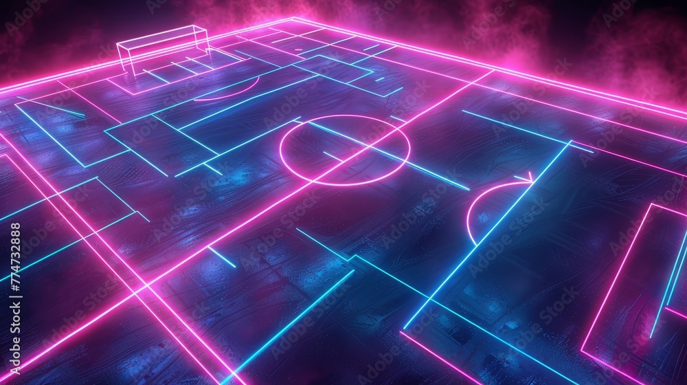 View from a 3D perspective and angle of a neon soccer field, a football ...