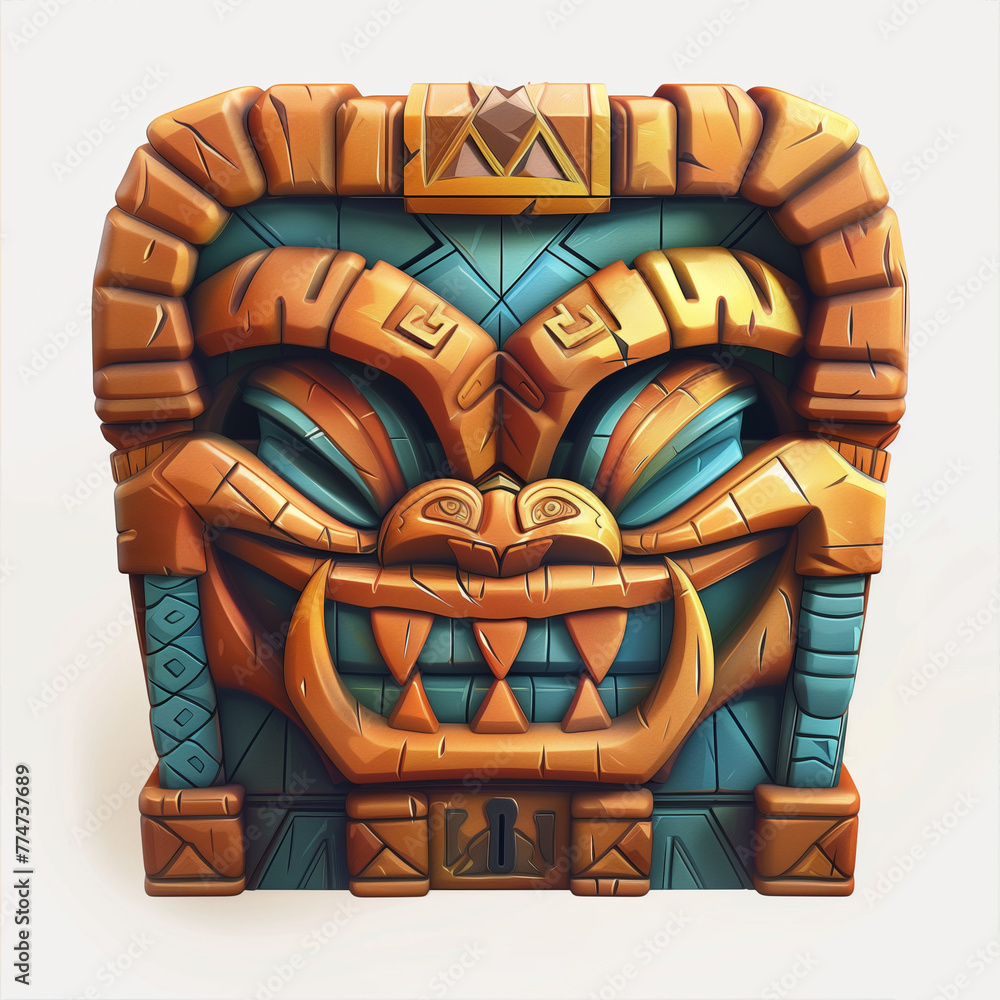 Tiki treasure chest. Tiki loot box. Tiki chest game icon. 3D treasure ...