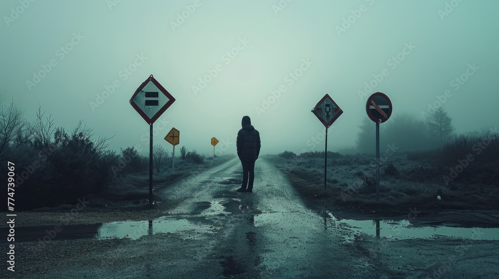 Person standing at a crossroads with multiple directional signs, each ...