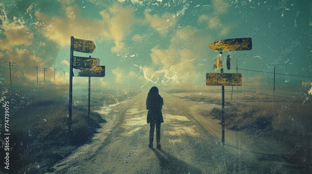 Person standing at a crossroads with multiple directional signs, each ...