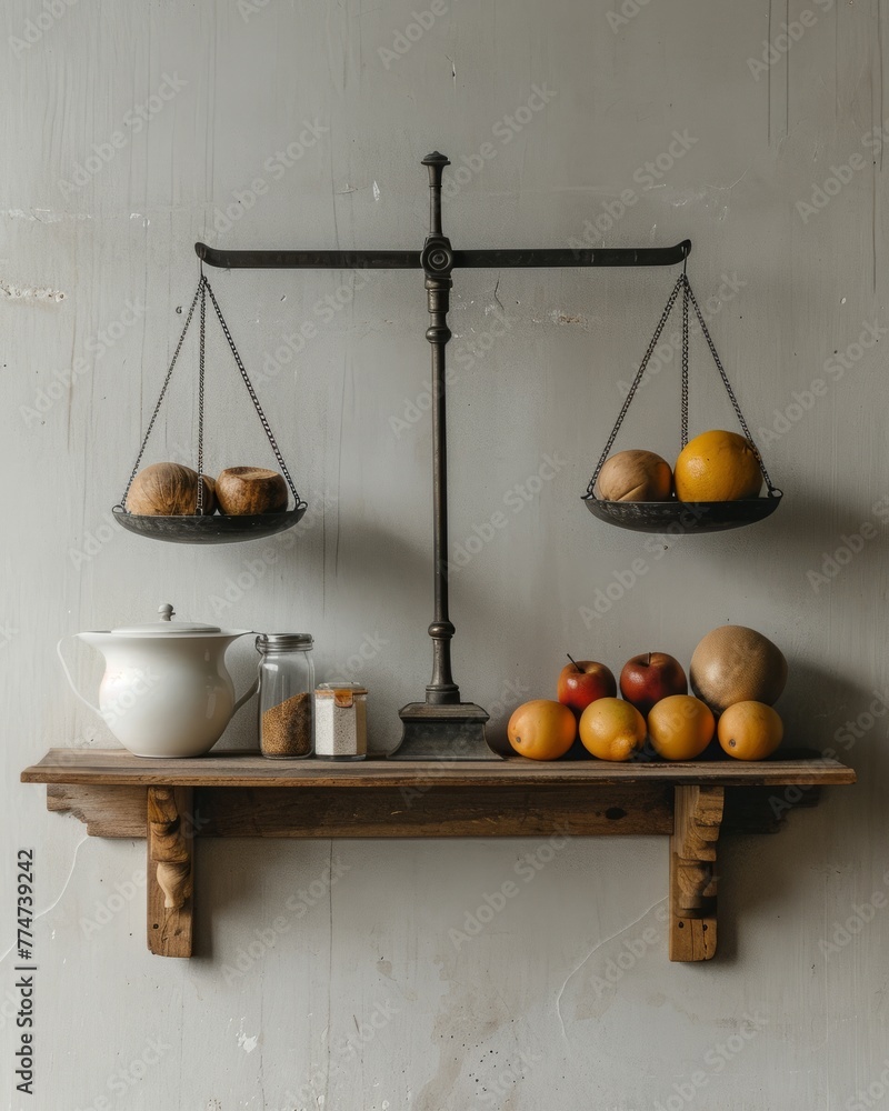 Vintage scale with various objects on one side, symbolizing the balance ...