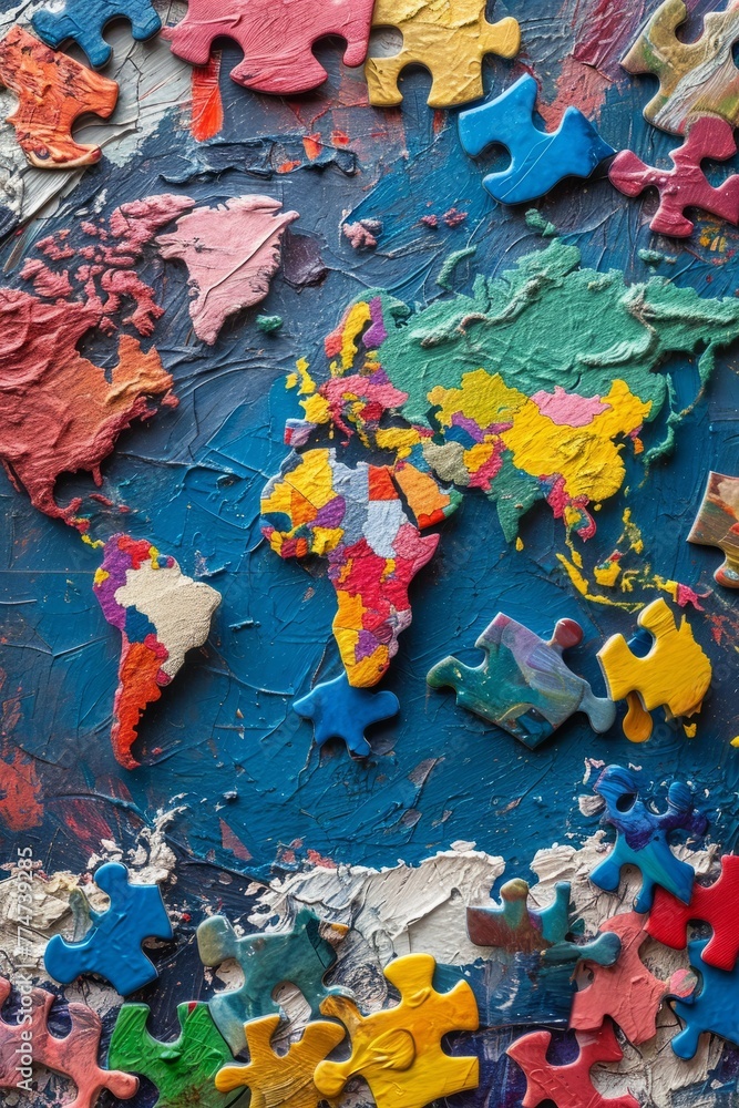 World map made of puzzle pieces, with a geography enthusiast joyfully ...
