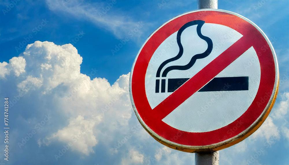 Close-up of a modern smoking prohibited sign. No smoking road sign ...