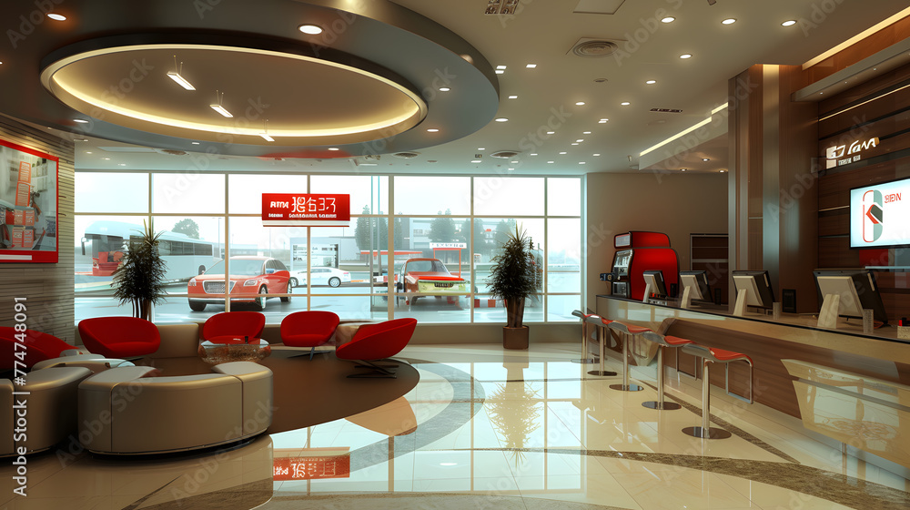 Modern car dealership showroom interior with elegant furniture and ...