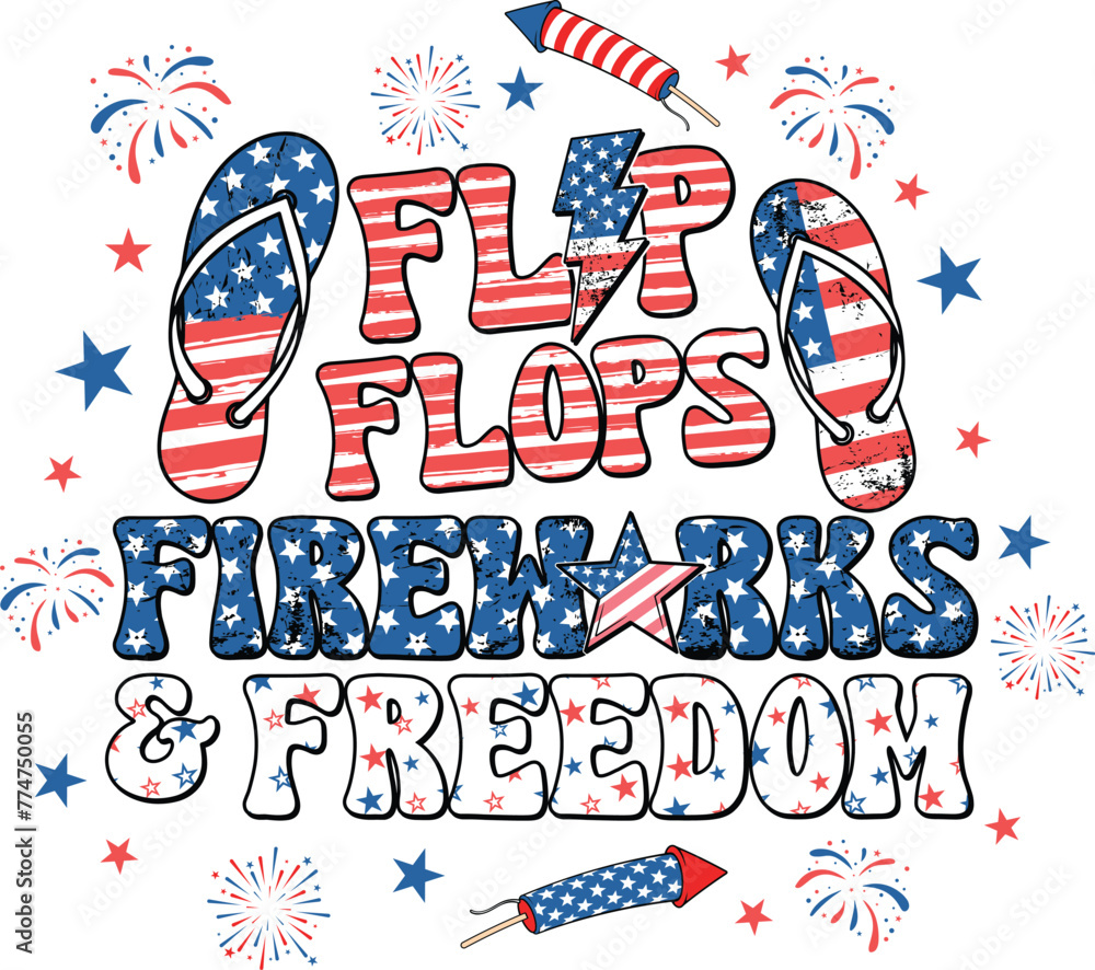 American Flag Patriotic Flip Flops, Fireworks freedom, etro red white ...