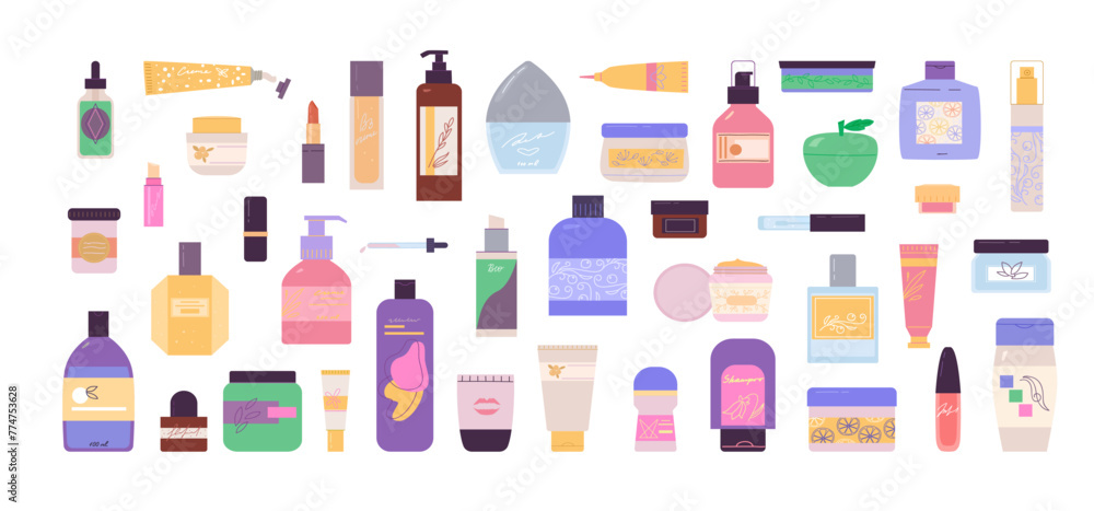 cartoon cosmetics packages set. skin care body and hair makeup products ...