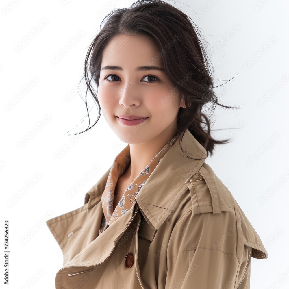 Close-up of a Pretty Young Japanese Woman in Classic Trench Coat and ...