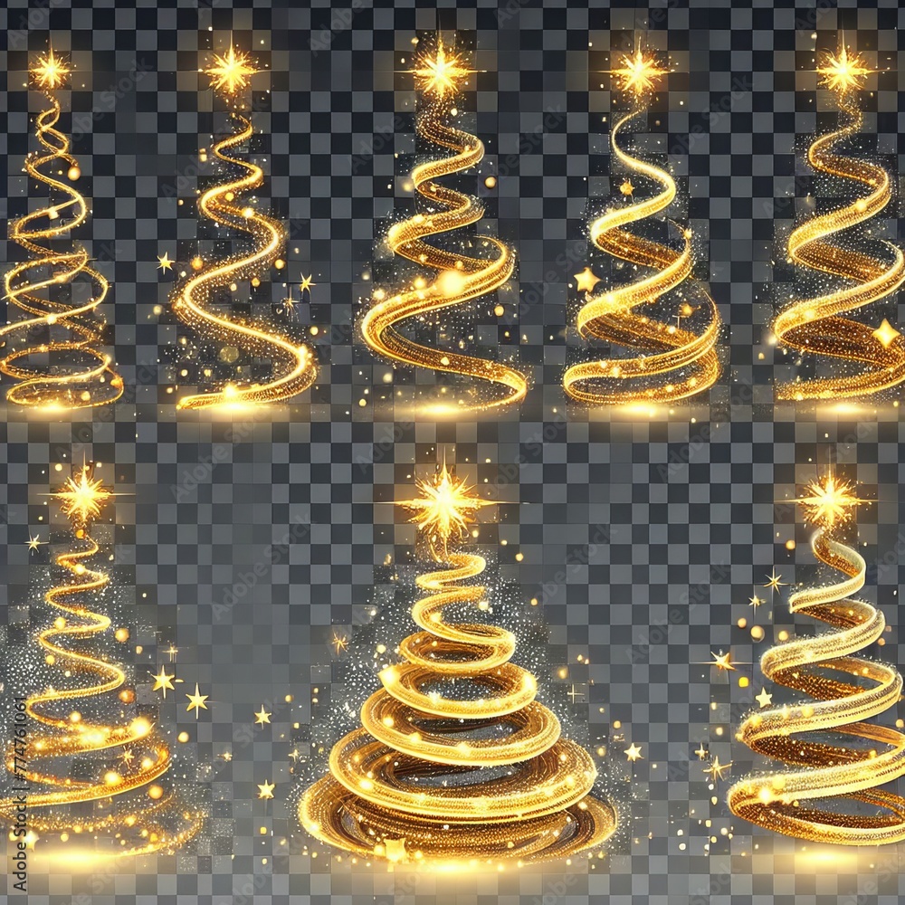 Six shimmering Christmas trees with golden lights stand against a dark ...