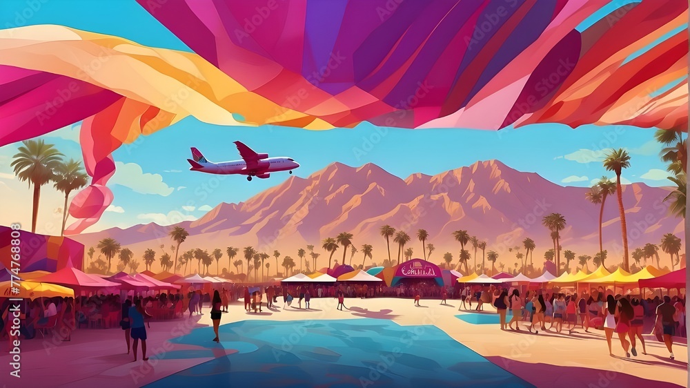 Over the vibrant Coachella music festival in the desert, an airplane ...