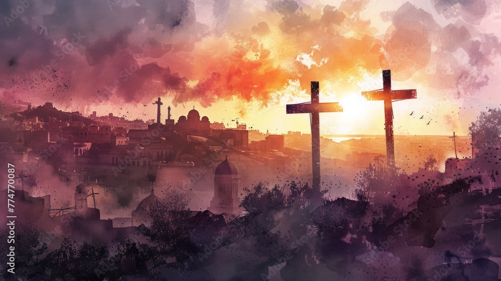 Abstract Watercolor Painting of Calvary Hill - A vibrant depiction of ...