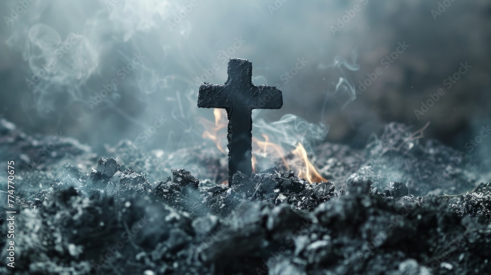 Smoky cross among ashes and embers - An eerie sight of a black cross ...