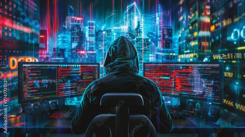 Cyber hacker with futuristic city data visualization - A mysterious hacker figure is enveloped ...