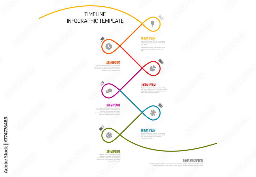 Thin line multipurpose thread timeline infographic template with twirls ...