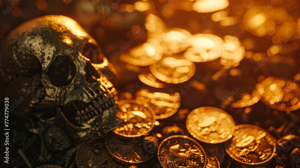 Cursed gold coins texture, shimmering with an unnatural glow amid ...