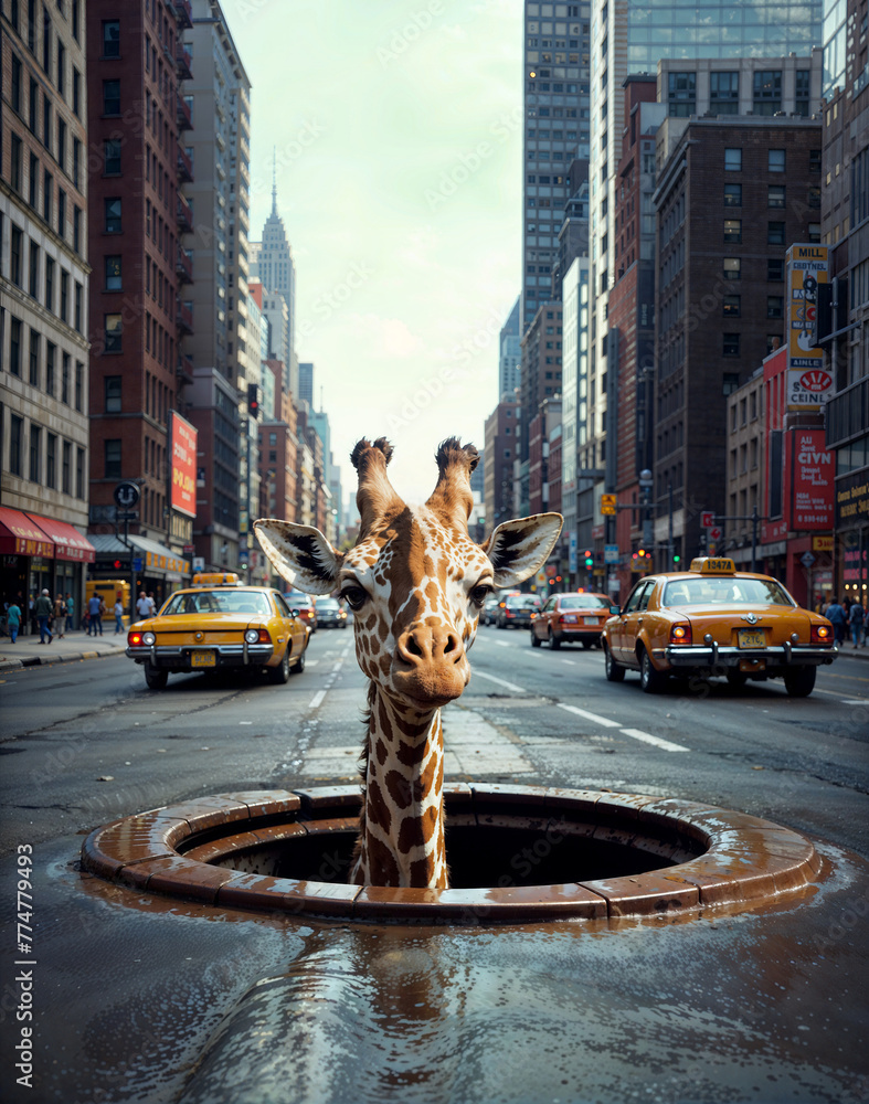 A Whimsical Giraffe Emerges from a Manhole in a 1970s New York City ...