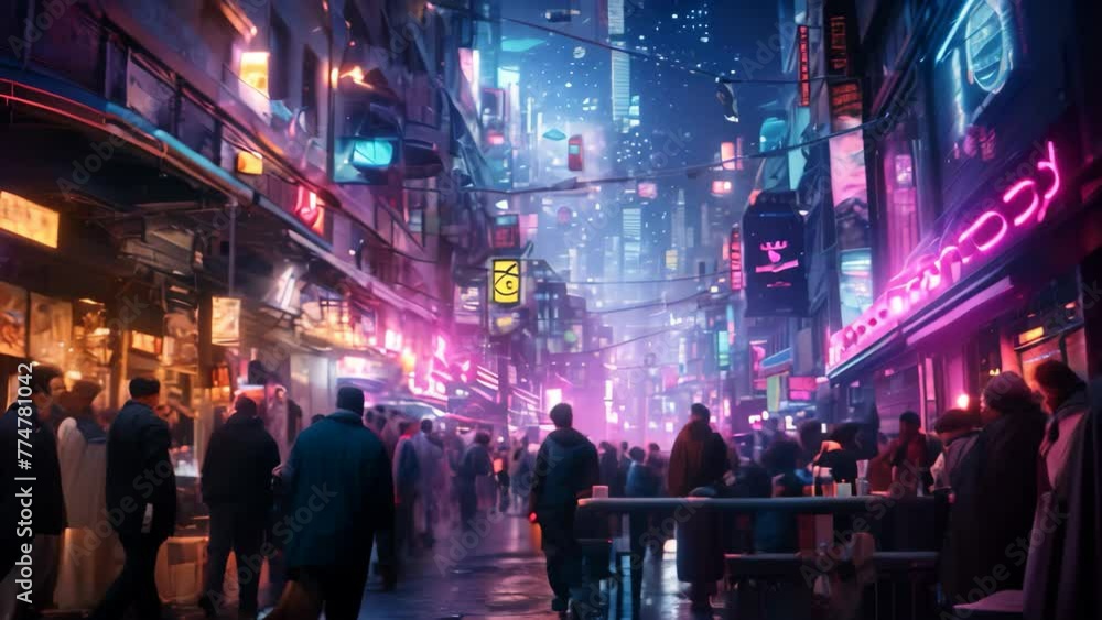 Night view of a street with a lot of people in the city, A bustling ...