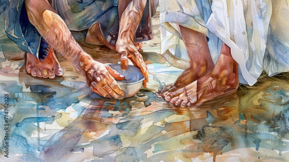 Intricate depiction of biblical foot washing ritual - This image ...