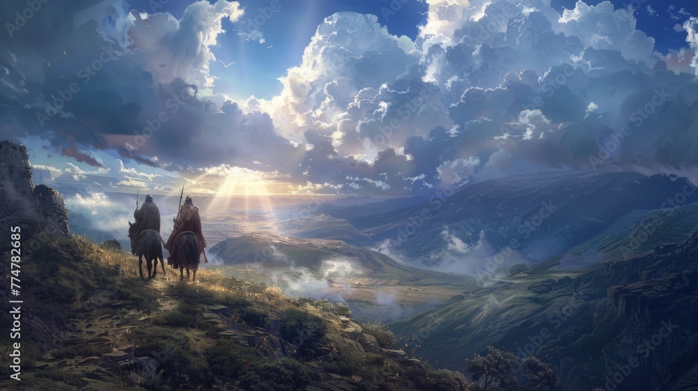 Epic panoramic landscape with knights on horses - A breathtaking ...