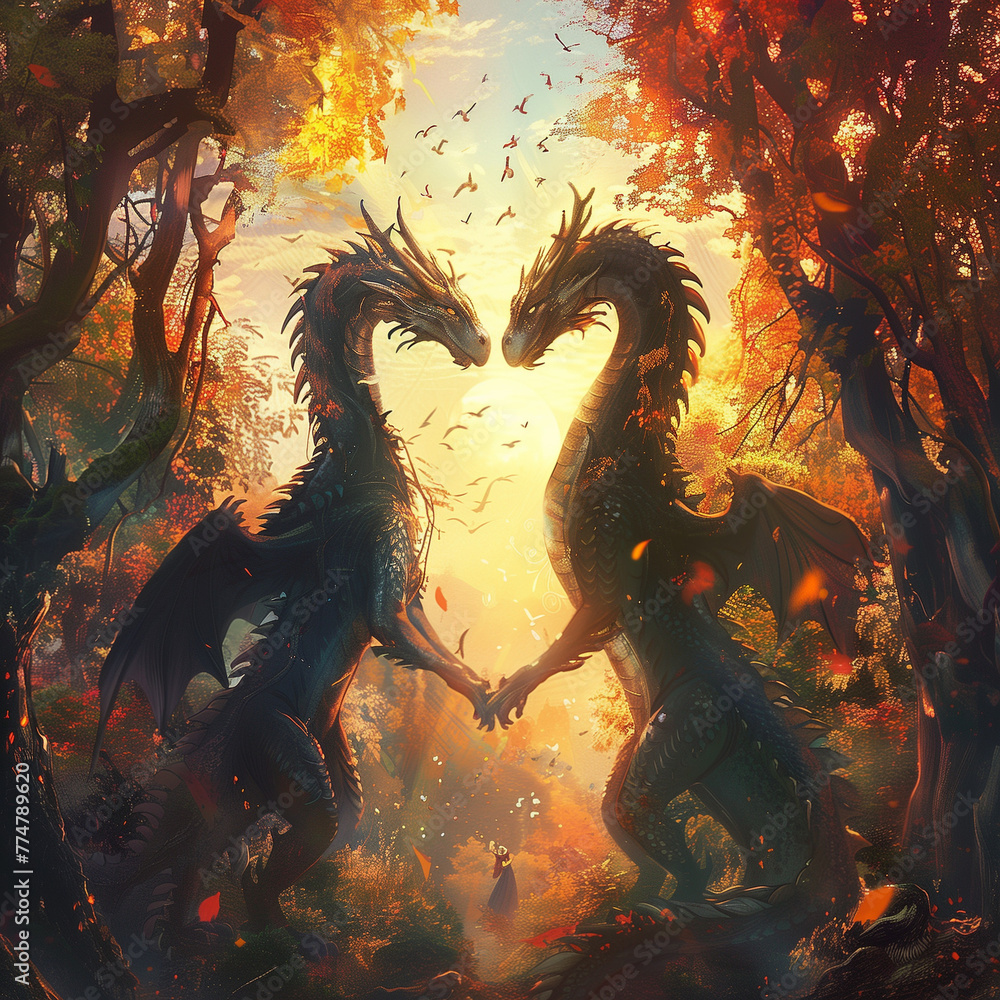 2 dragons hugging - in the middle of a forest in the beautiful sunlight around everything looks ...