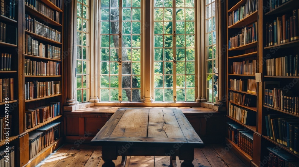 Wooden table in a library with open windows peaceful reading corner ...