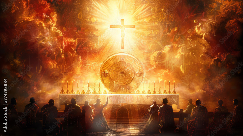 Fiery sky behind crucifix and worshippers - A dramatic depiction of ...