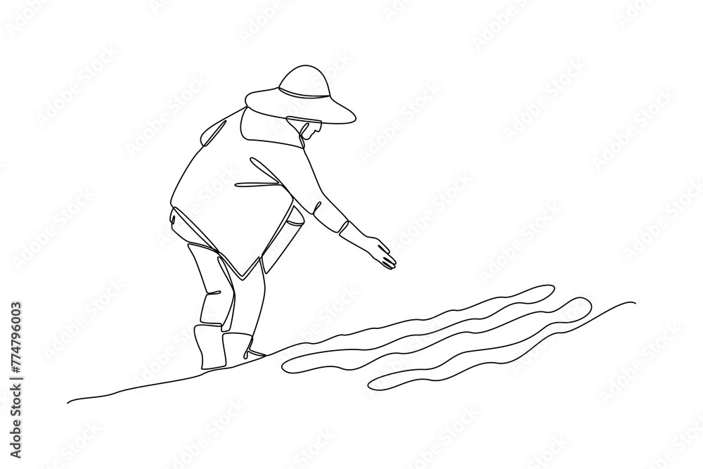 Single one line drawing of female farmer scattering seeds on land ready ...