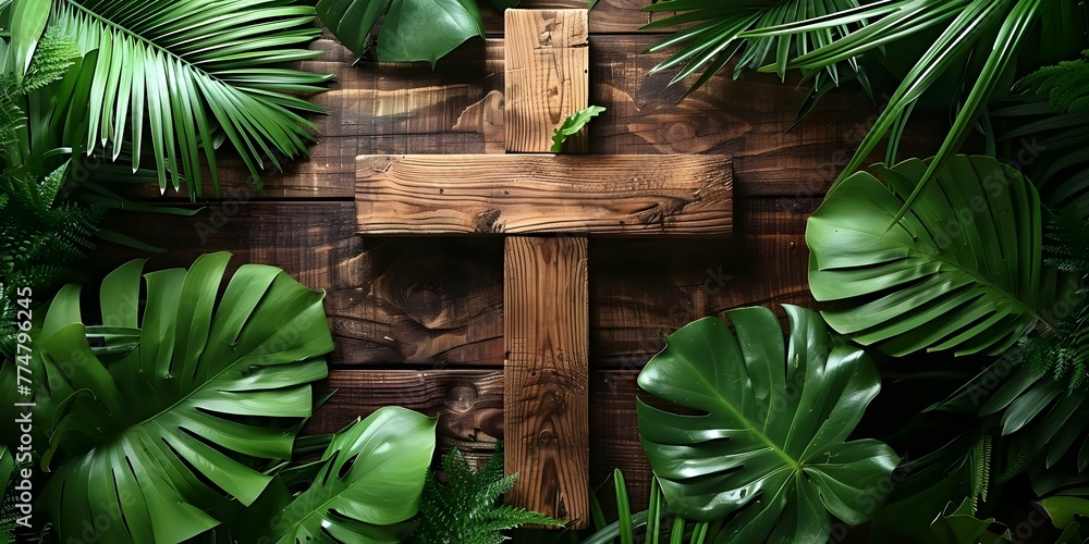 Symbol of Palm Sunday: Wooden cross with palm leaves and green coconut ...