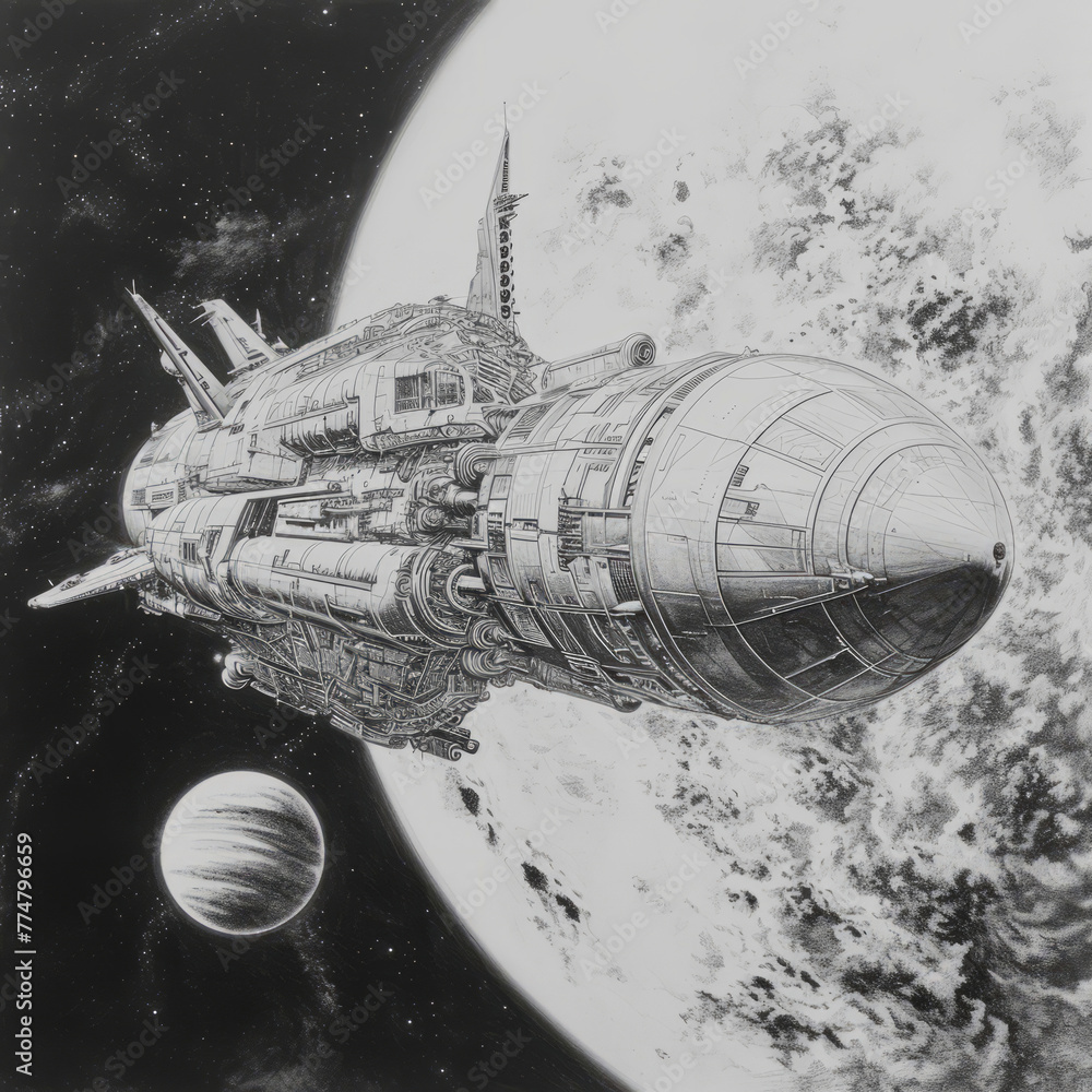 Pencil drawing of starship around a planet Stock Illustration | Adobe Stock