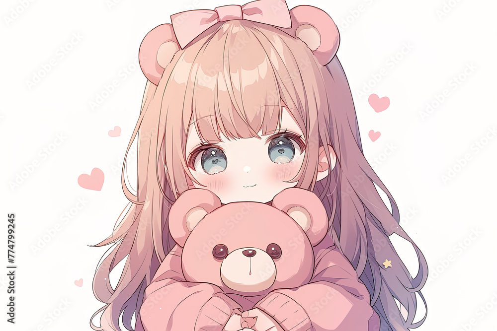 adorable little chibi anime girl hugging a toy teddy bear on white ...