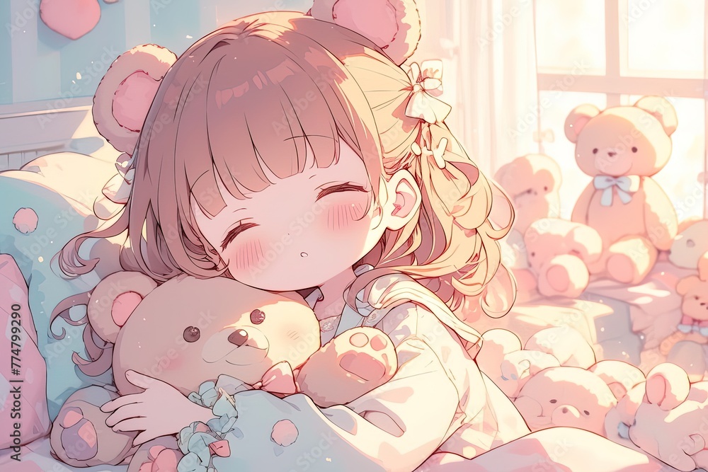 cute little chibi anime girl sleeping and hugs a toy teddy bear in room ...