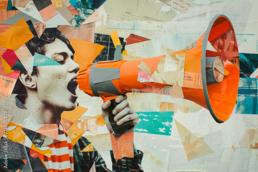 Megaphone, collage art and protest banner artwork for humanity, human ...