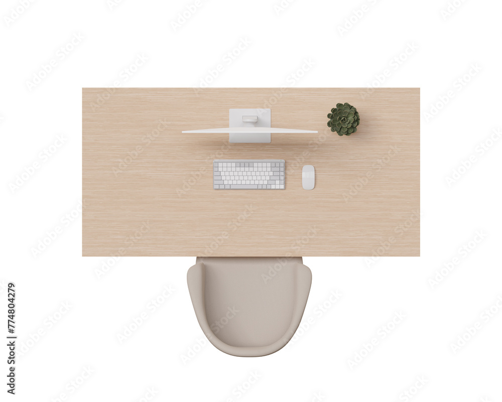 Overhead view of wooden desk and beige chair. Work table on transparent ...