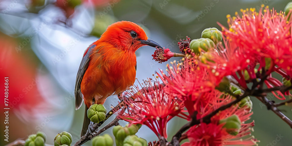 The I'iwi is an endemic bird of the Hawaiian Islands. This honeycreeper ...