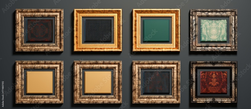 Assortment of six framed artworks in an array of colors and dimensions ...