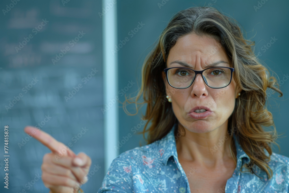 Angry teacher with glasses gesturing, chalkboard background. Caucasian ...