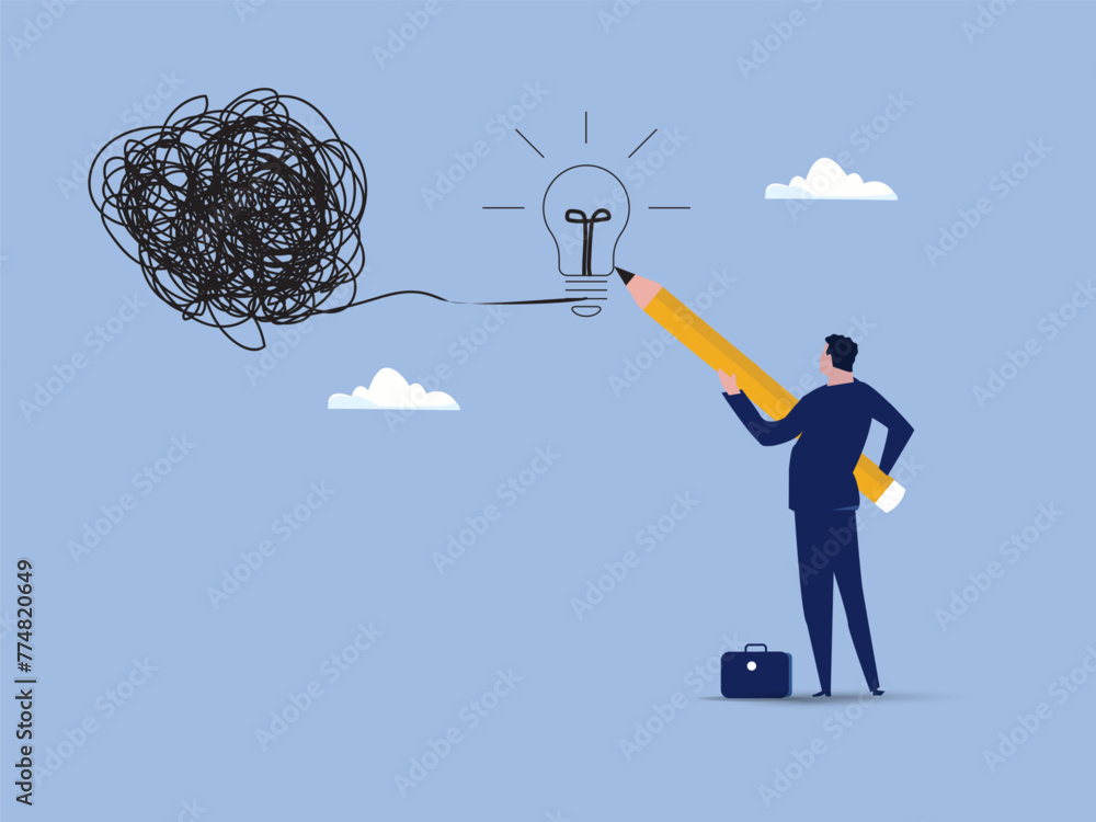 business man draw lightbulb from messy knot.Creativity to solve problem, solution from trouble ...