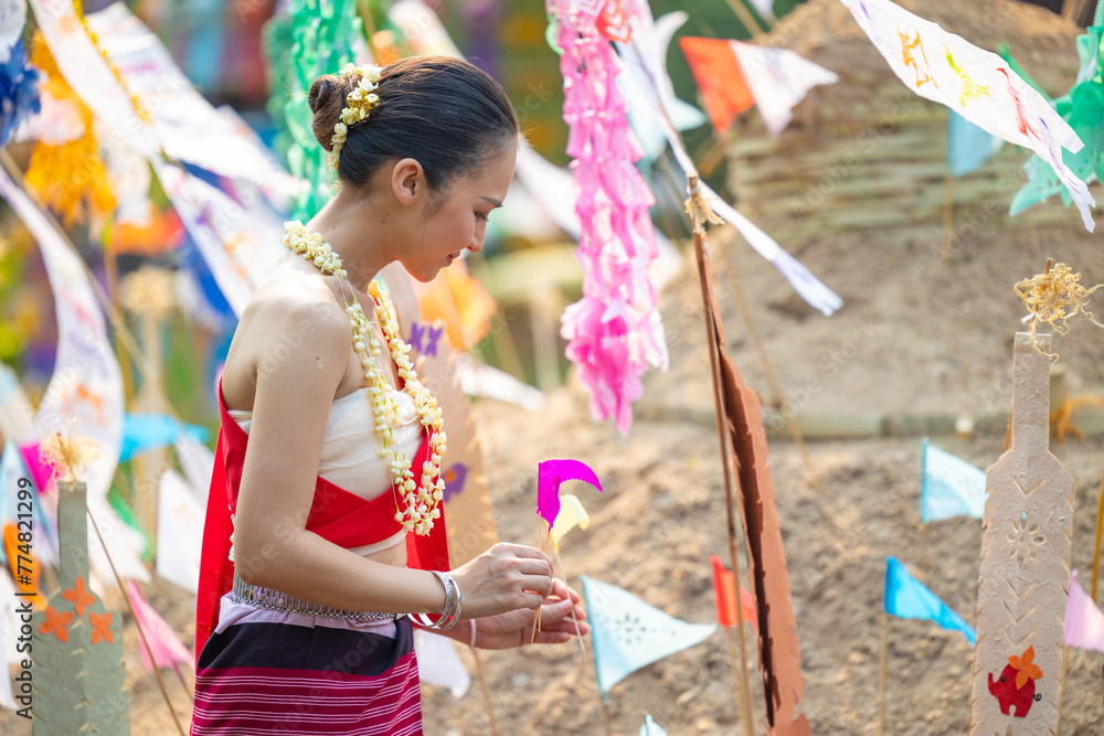 Songkran festival. Northern Thai people in Traditional clothes dressing ...