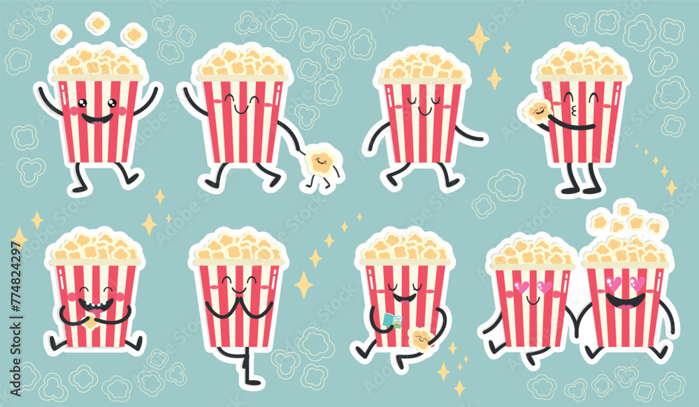 Cute cartoon popcorn characters set. Funny popcorn buckets and babies ...