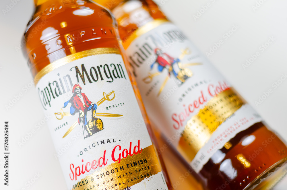 LONDON, UK - 19 MARCH 2024 A bottle of the popular Captain Morgan ...