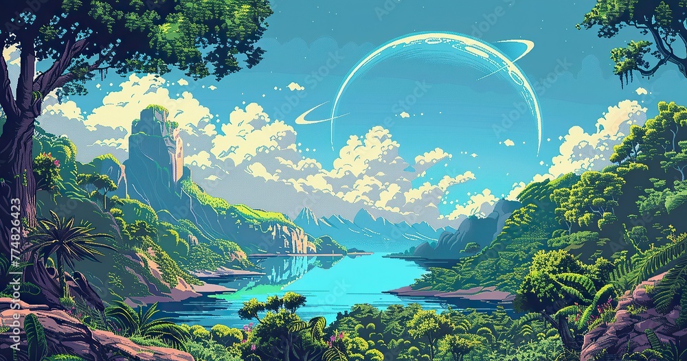 16 bit pixel art ,Landscape from a foreign moon, lush nature, large ...