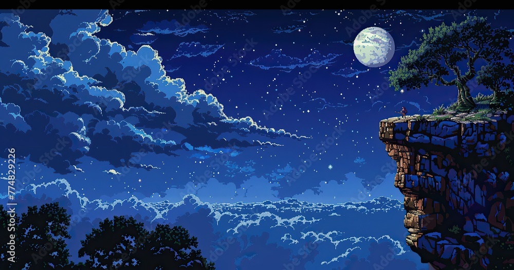 16-bit pixel art spritesheet, 64x64 cene dimension, the tip of a night ...