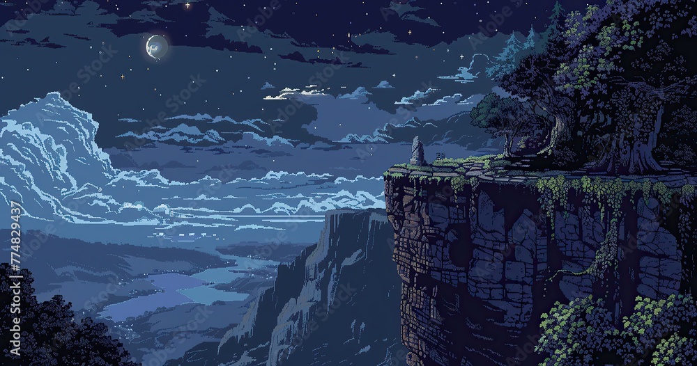 16-bit pixel art spritesheet, 64x64 cene dimension, the tip of a night ...