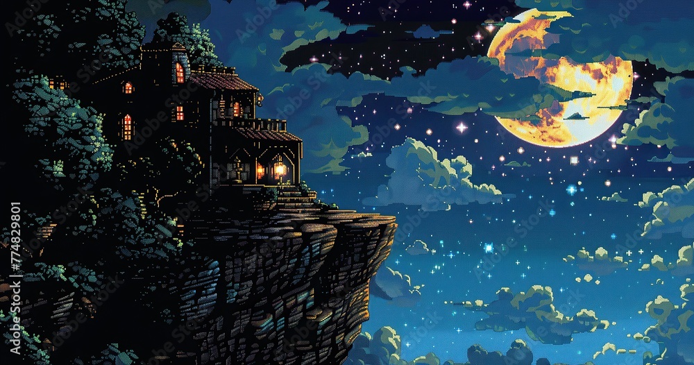 16-bit pixel art spritesheet, 64x64 cene dimension, the tip of a night ...