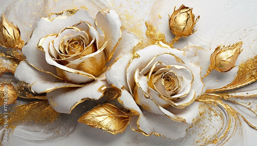 ภาพประกอบสต็อก White and gold background with 3D roses covered with ...